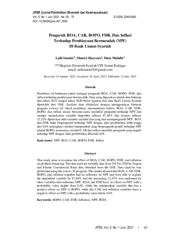 (PDF) Pengaruh ROA, CAR, BOPO, FDR, Dan Inflasi Terhadap Pembiayaan Bermasalah (NPF) Di Bank ...