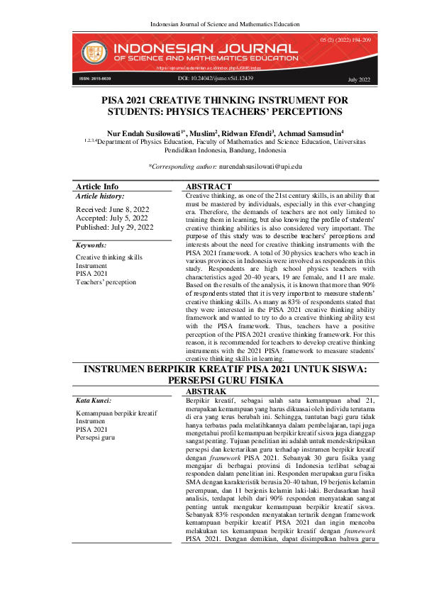 (PDF) Pisa 2021 Creative Thinking Instrument for Students: Physics Teachers’ Perceptions