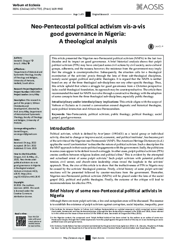(PDF) Neo-Pentecostal political activism vis-a-vis good governance in ...