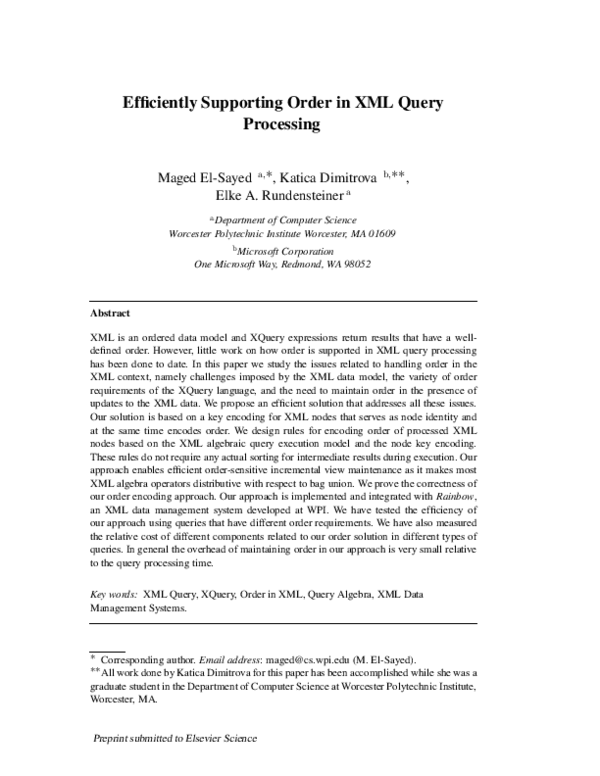 (PDF) Efficiently supporting order in XML query processing