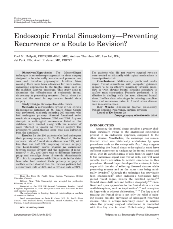 (PDF) Endoscopic frontal sinusotomy-Preventing recurrence or a route to ...