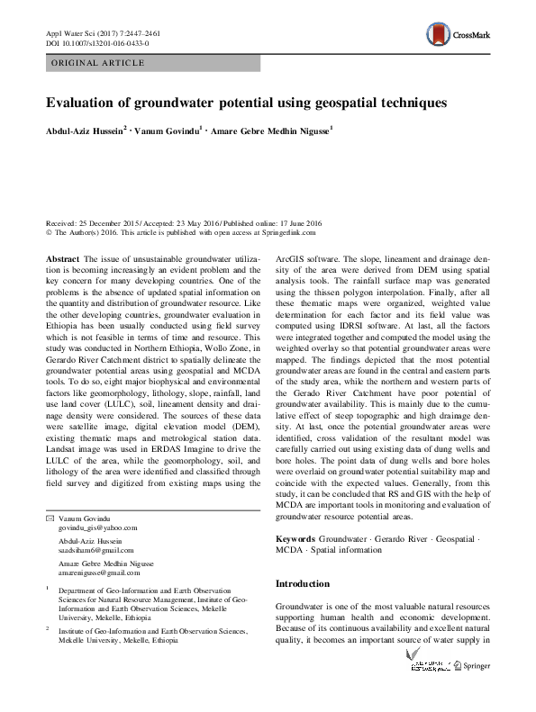 Pdf Evaluation Of Groundwater Potential Using Geospatial Techniques