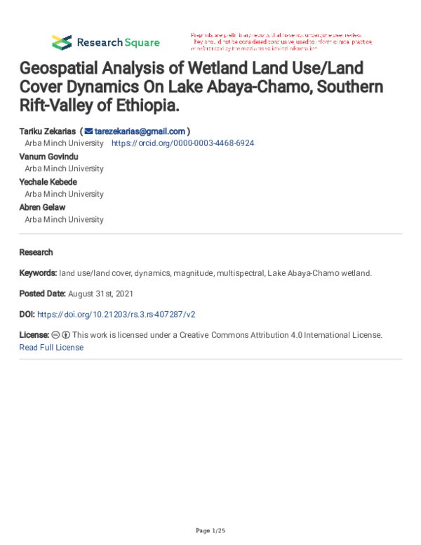(PDF) Geospatial Analysis of Wetland Land Use/Land Cover Dynamics On Lake Abaya-Chamo, Southern ...