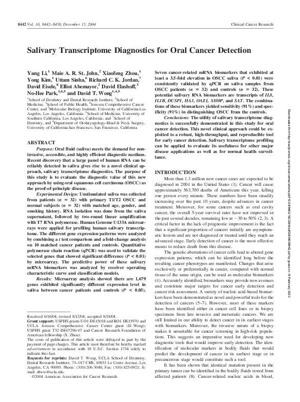Pdf Salivary Transcriptome Diagnostics For Oral Cancer Detection 3466