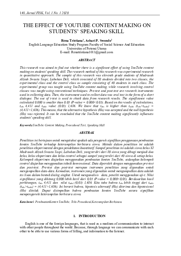 (PDF) The Effect of Youtube Content Making on Students’ Speaking Skill