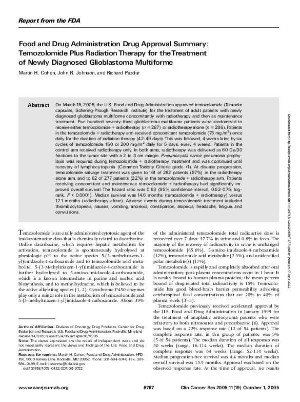 (PDF) Food and Drug Administration Drug Approval Summary: Temozolomide Plus Radiation Therapy ...