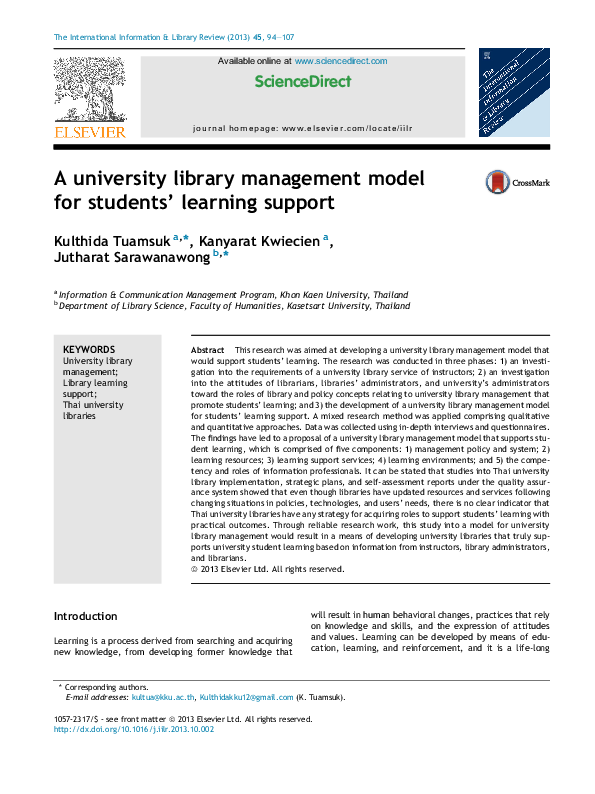 (PDF) A university library management model for students' learning support