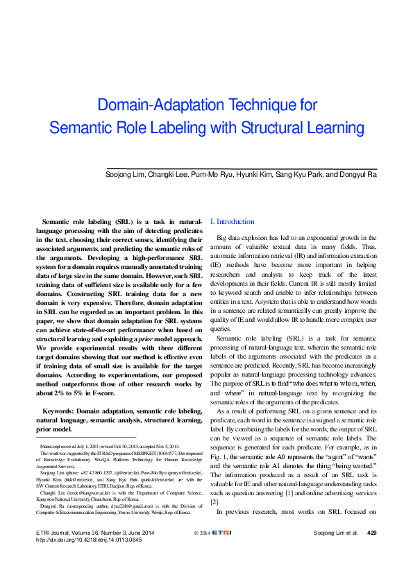 (PDF) A Domain Adaptation Technique for Semantic Role Labeling with Structural Learning