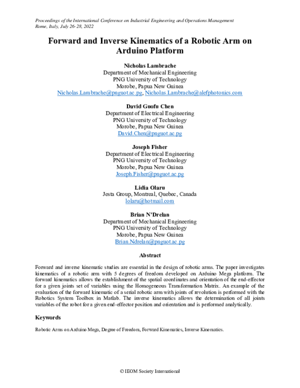 Pdf Forward And Inverse Kinematics Of A Robotic Arm On Arduino Platform