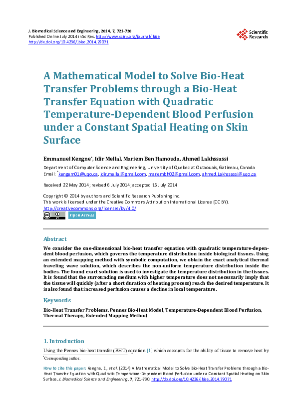 (PDF) A Mathematical Model to Solve Bio-Heat Transfer Problems through ...
