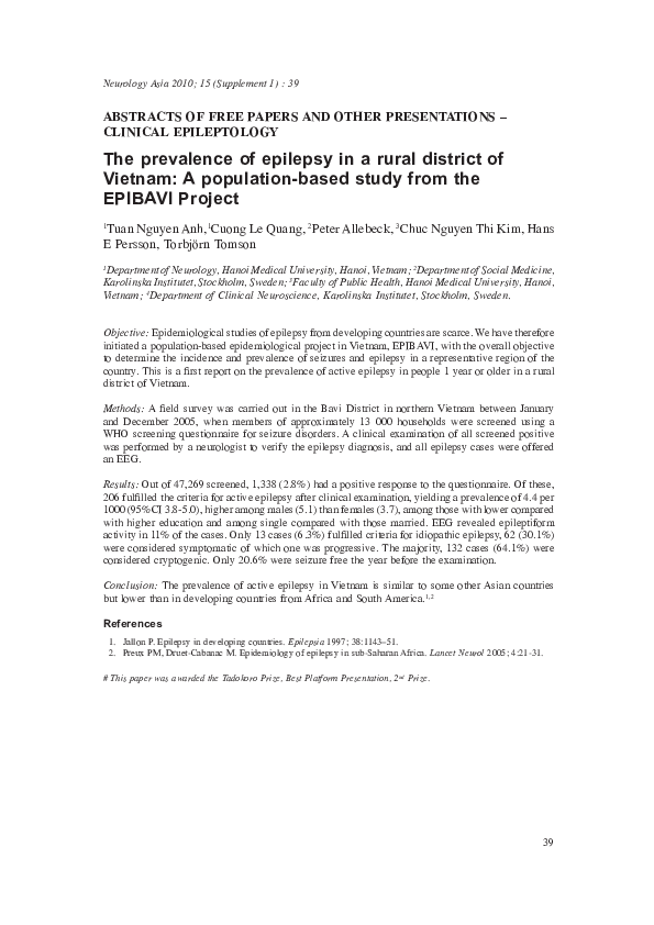 (PDF) The prevalence of epilepsy in a rural district of Vietnam: A ...