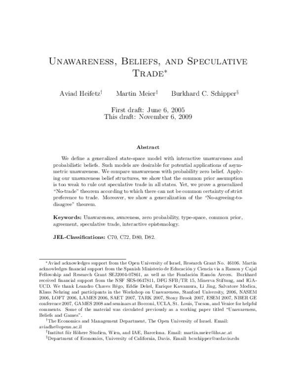 (PDF) Unawareness, beliefs, and speculative trade