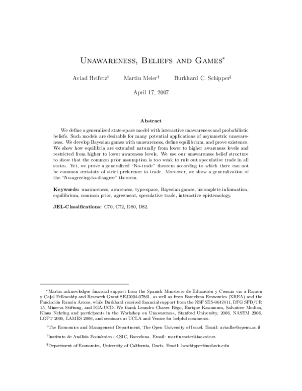 (PDF) Unawareness, Beliefs and Games