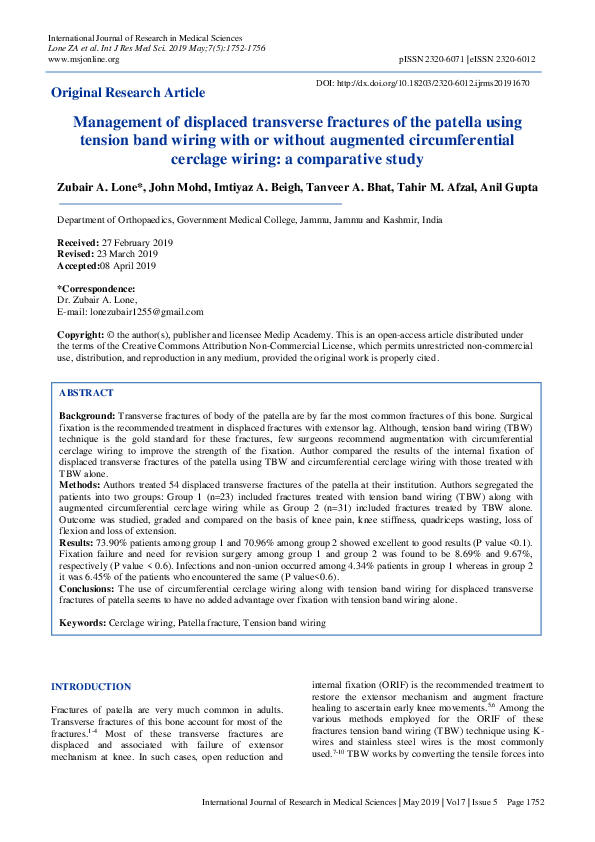(PDF) Management of displaced transverse fractures of the patella using ...