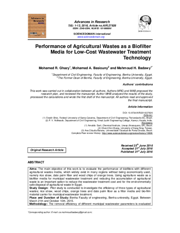 (PDF) Performance of Agricultural Wastes as a Biofilter Media for Low ...