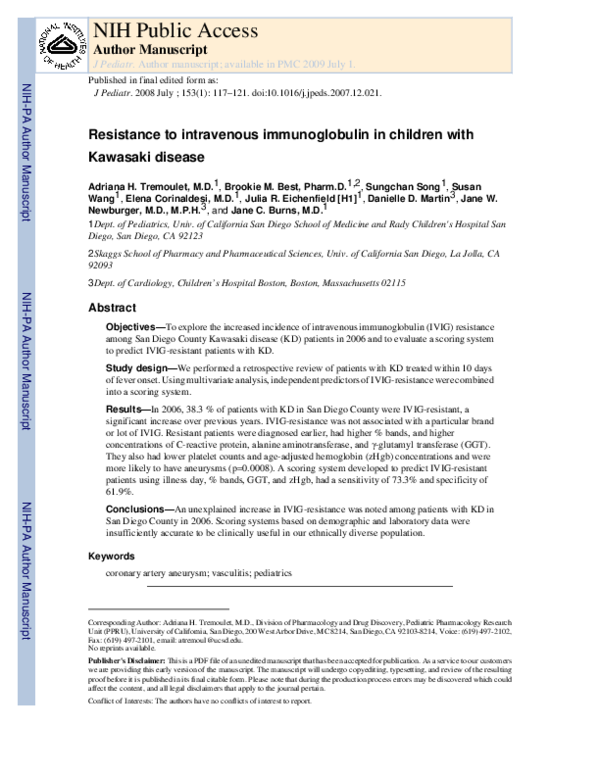 (PDF) Resistance to Intravenous Immunoglobulin in Children with Kawasaki Disease