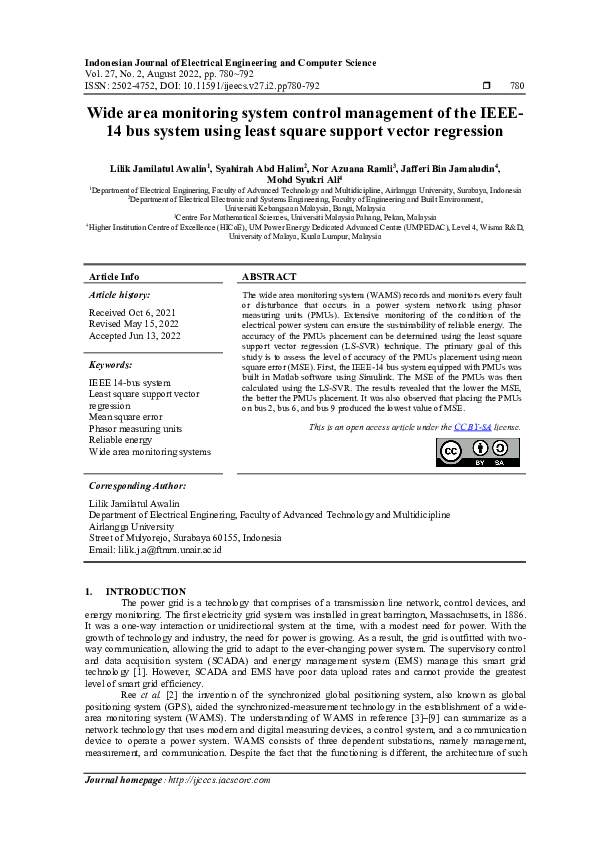 Pdf Wide Area Monitoring System Control Management Of The Ieee 14 Bus System Using Least