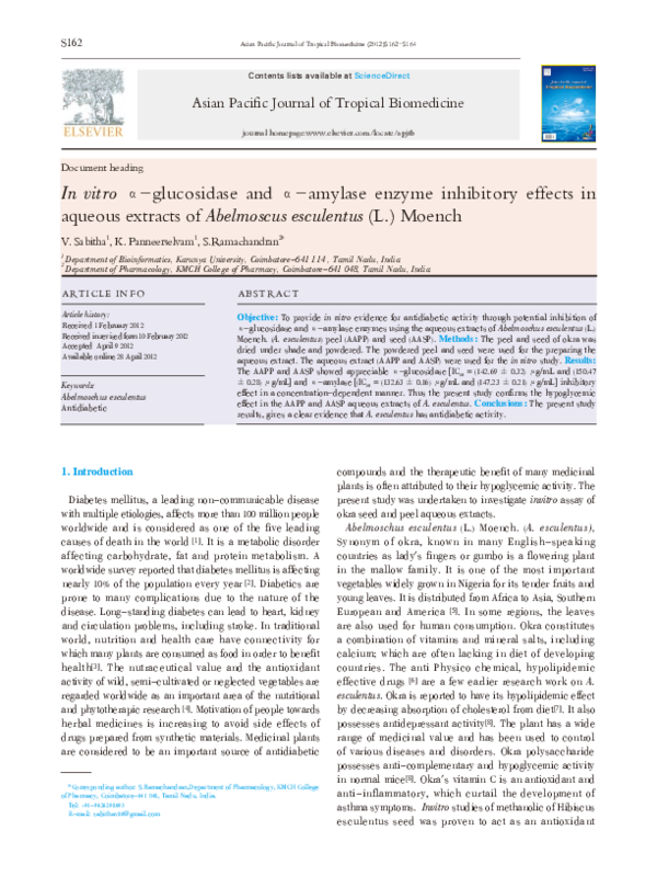 Pdf In Vitro α Glucosidase And α Amylase Enzyme Inhibitory Effects In