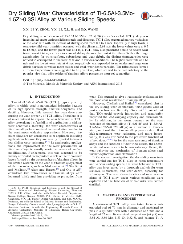 (PDF) Dry Sliding Wear Characteristics of Ti-6.5Al-3.5Mo-1.5Zr-0.3Si ...