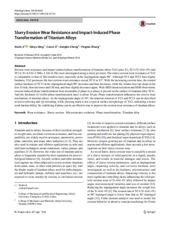 (PDF) Slurry Erosion Wear Resistance and Impact-Induced Phase ...