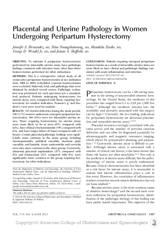(PDF) Placental and Uterine Pathology in Women Undergoing Peripartum ...
