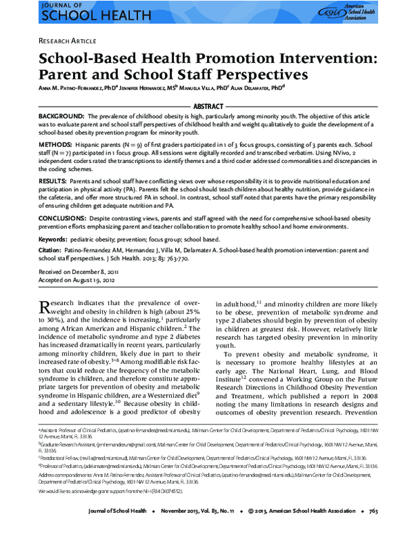 (PDF) School-Based Health Promotion Intervention: Parent and School ...