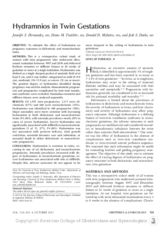 (PDF) Hydramnios in twin gestations