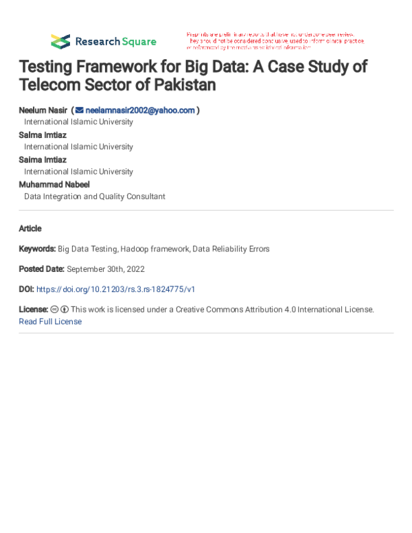 (PDF) Testing Framework for Big Data: A Case Study of Telecom Sector of ...