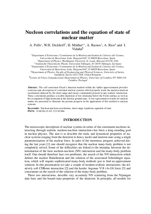 (PDF) Nucleon correlations and the equation of state of nuclear matter