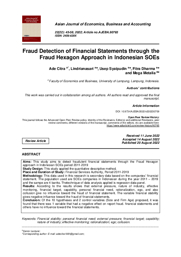 (PDF) Fraud Detection of Financial Statements through the Fraud Hexagon Approach in Indonesian SOEs