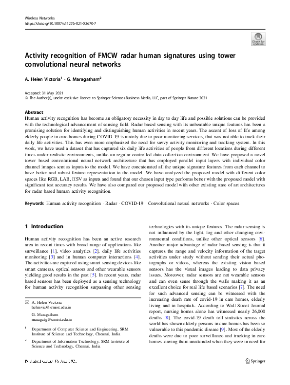 (PDF) Activity recognition of FMCW radar human signatures using tower convolutional neural networks