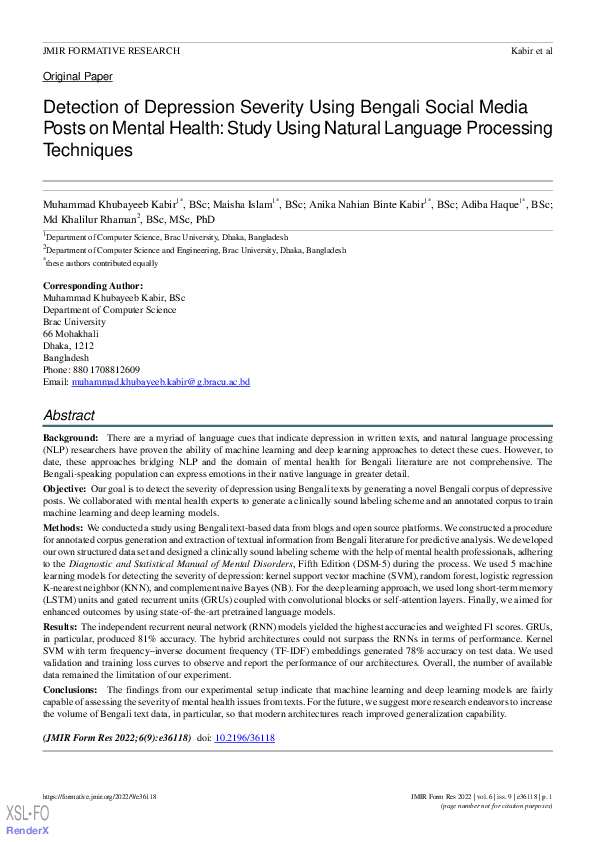(PDF) Detection of Depression Severity Using Bengali Social Media Posts ...
