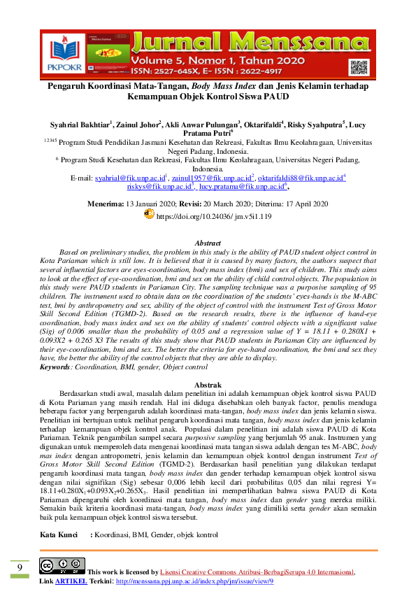(PDF) Pengaruh Koordinasi Mata-Tangan, Body Mass Index dan Jenis ...