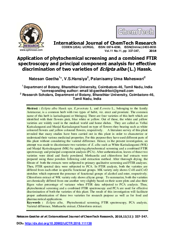 (PDF) Application of phytochemical screening and a combined FTIR spectroscopy and principal ...