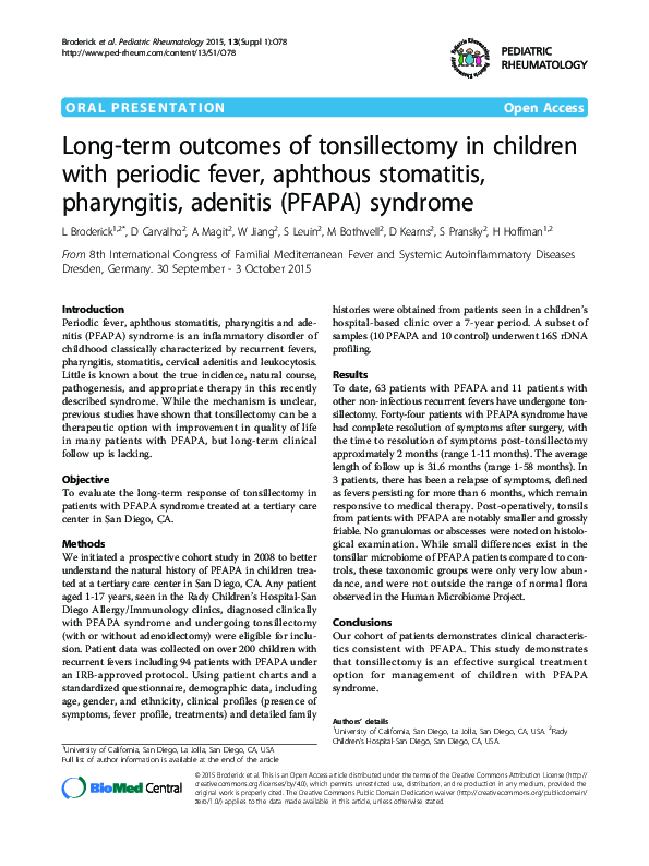 (PDF) Long-term outcomes of tonsillectomy in children with periodic ...