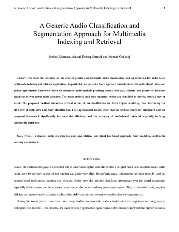 Pdf A Generic Audio Classification And Segmentation Approach For Multimedia Indexing And Retrieval