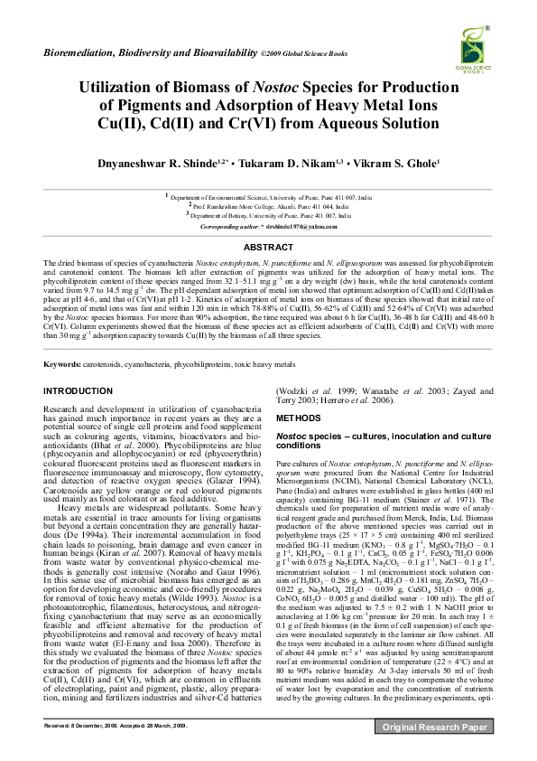 (PDF) Utilization of Biomass of Nostoc Species for Production of Pigments and Adsorption of ...