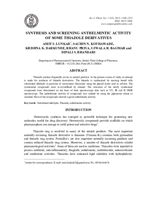 (PDF) Synthesis and Screening Anthelmintic Activity of Some Thiazole ...