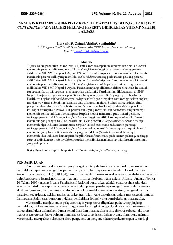 (PDF) Analisis Kemampuan Berpikir Kreatif Matematis Ditinjau Dari Self Confidence Pada Materi ...