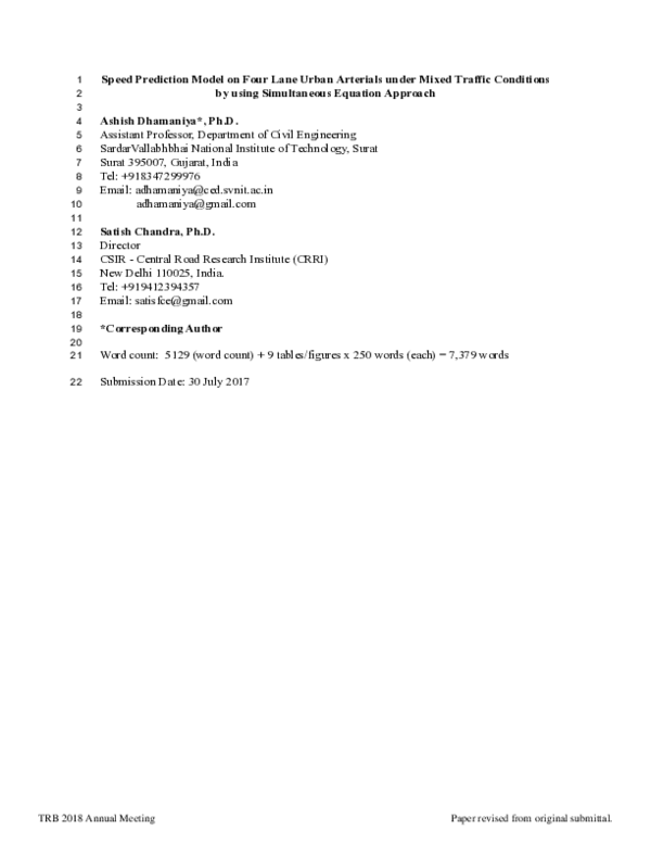 Pdf Speed Prediction Model On Four Lane Urban Arterials Under Mixed Traffic Conditions By