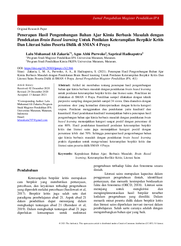 (PDF) Penerapan Hasil Pengembangan Bahan Ajar Kimia Berbasis Masalah dengan Pendekatan Brain ...