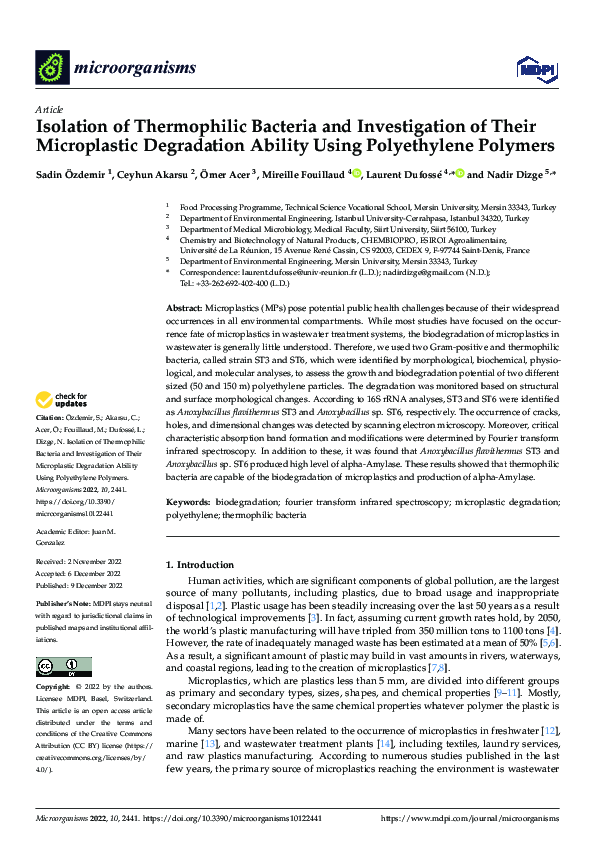 (PDF) Isolation of Thermophilic Bacteria and Investigation of Their Microplastic Degradation ...