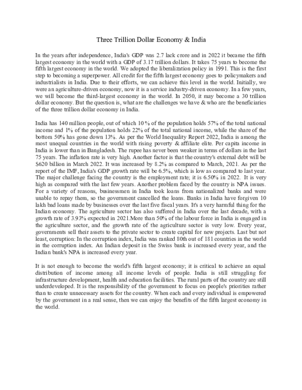 (DOC) Three Trillion Dollar Economy & India