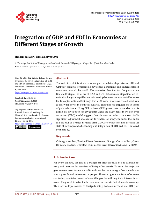 (PDF) Integration of GDP and FDI in Economies at Different Stages of ...