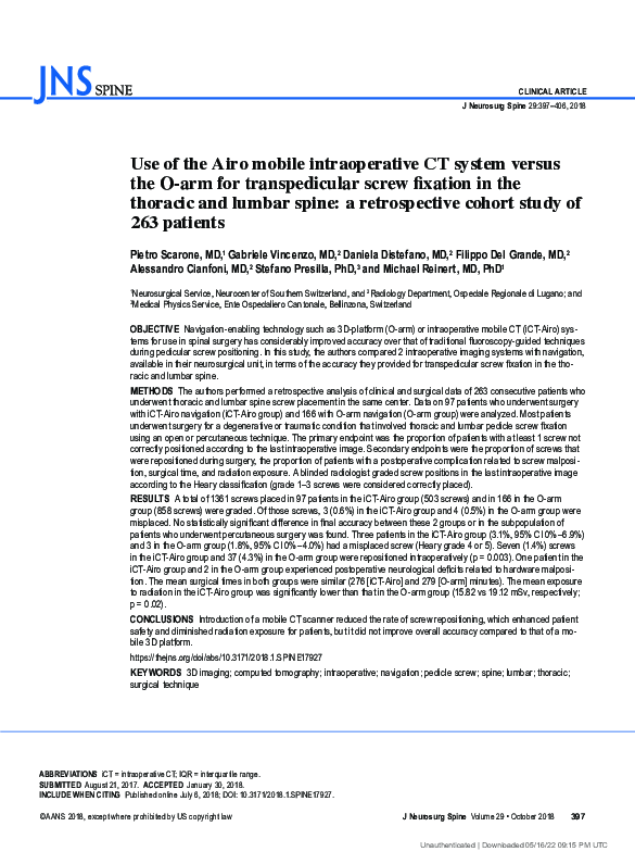 (PDF) Use of the Airo mobile intraoperative CT system versus the O-arm for transpedicular screw ...