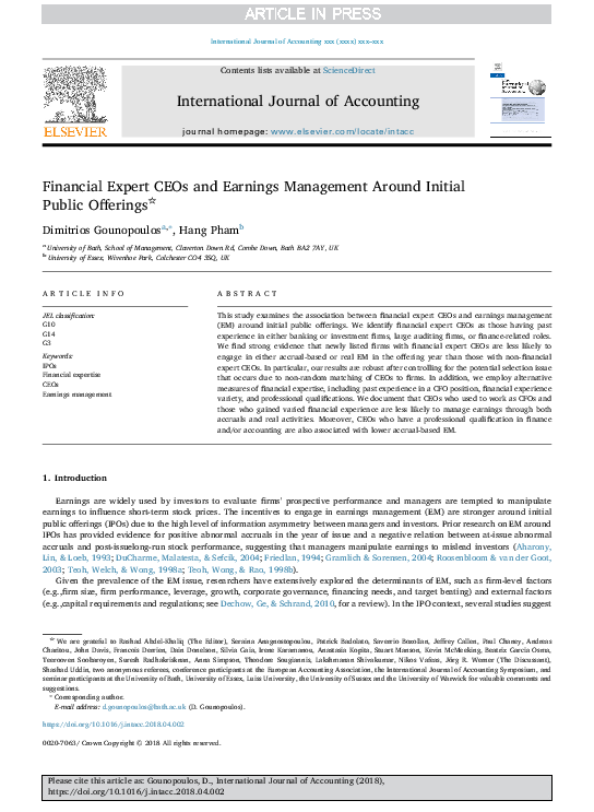 (PDF) Financial Expert CEOs and Earnings Management Around Initial Public Offerings