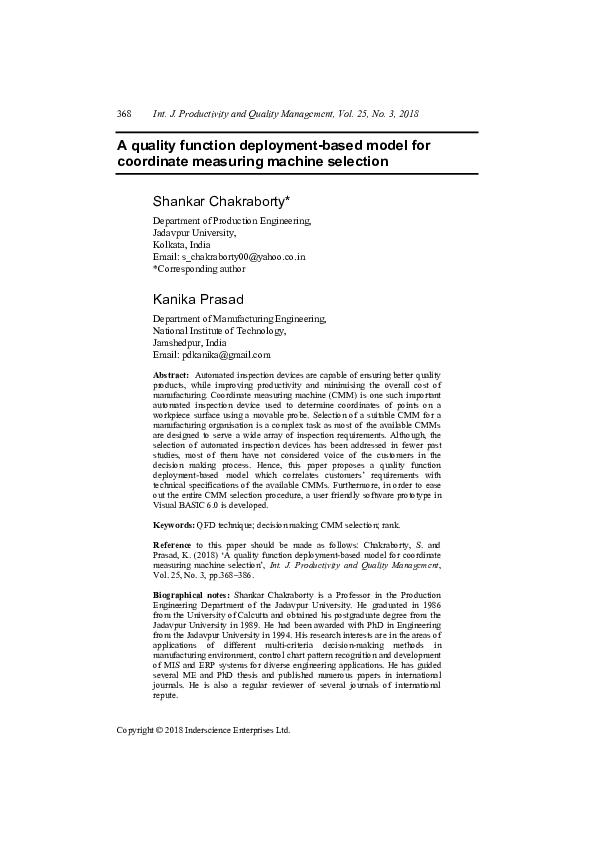 Pdf A Quality Function Deployment Based Model For Coordinate Measuring Machine Selection