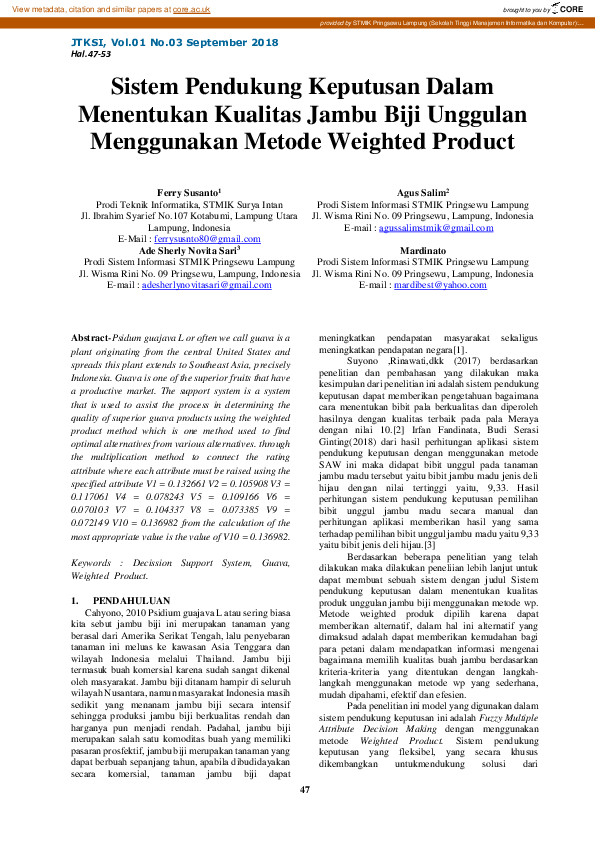 (PDF) Sistem Pendukung Keputusan Dalam Menentukan Kualitas Jambu Biji Unggulan Menggunakan ...