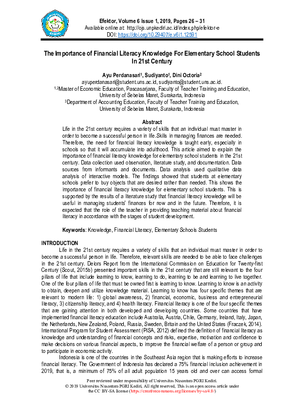 (PDF) The Importance of Financial Literacy Knowledge For Elementary School Students In 21st Century