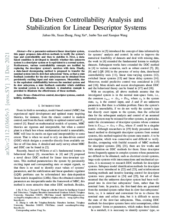 (PDF) Data-Driven Controllability Analysis and Stabilization for Linear Descriptor Systems